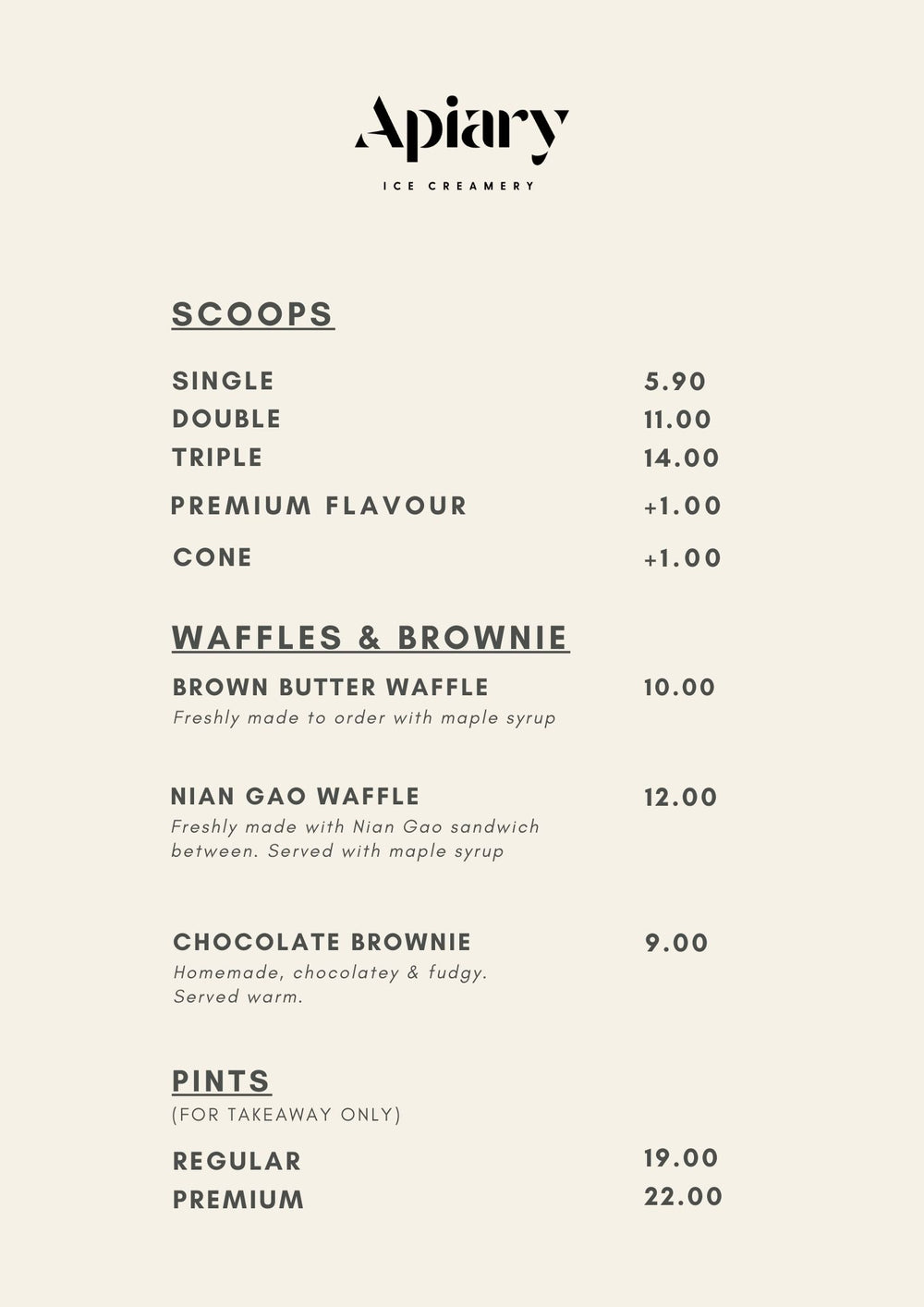 Artisanal Ice Cream/Sorbet Menu | Apiary Singapore