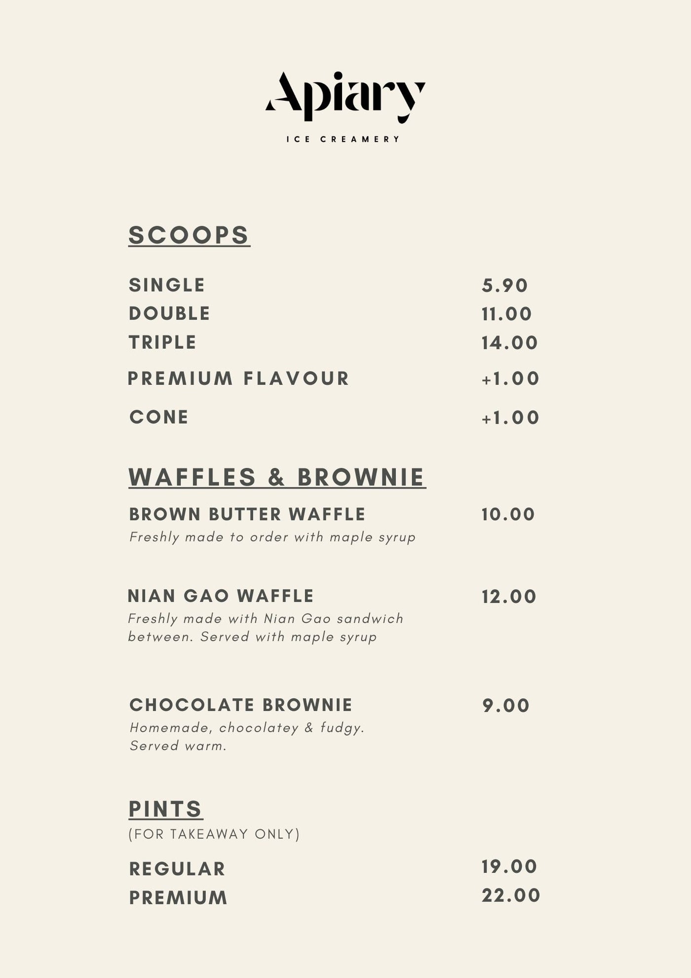 Artisanal Ice Cream/Sorbet Menu | Apiary Singapore